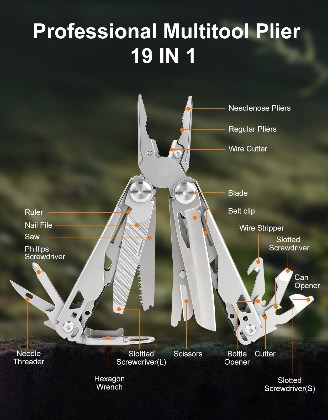 SUYIWEE Multitool 19-in-1 with Safety Lock, Professional 440A Stainless Steel Multi Tool Pliers Pocket Tool, Foldable Multitools with Nylon Sheath for Outdoors, Survival, Camping, Hiking, Repairing