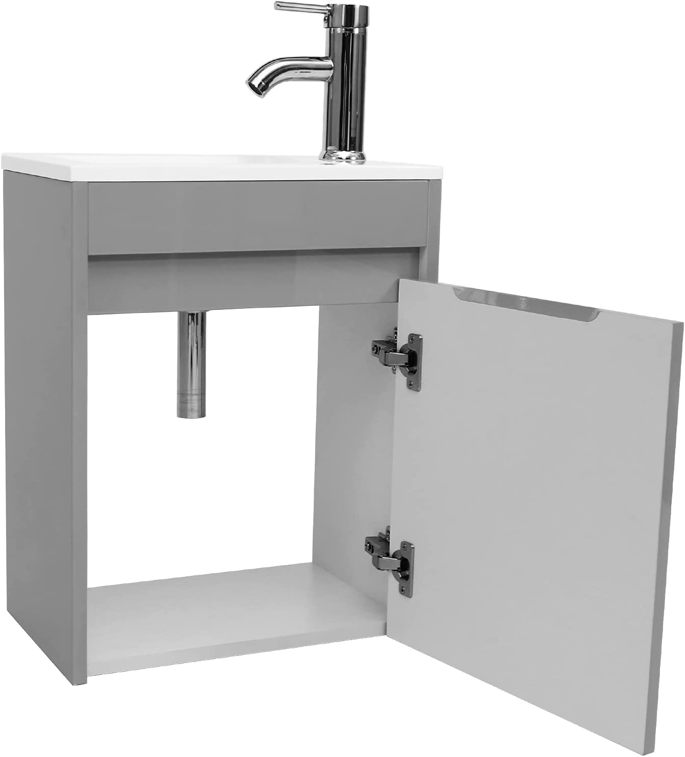 UEV 16" Small Bathroom Vanity Wall Mounted,Grey Small Bathroom Vanity with Ceramic Sink,Bathroom Vanity and Sink Combo,Chrome Faucet P-Trap Include (Grey)