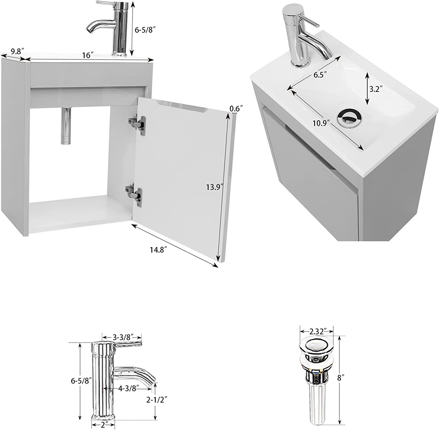 UEV 16" Small Bathroom Vanity Wall Mounted,Grey Small Bathroom Vanity with Ceramic Sink,Bathroom Vanity and Sink Combo,Chrome Faucet P-Trap Include (Grey)