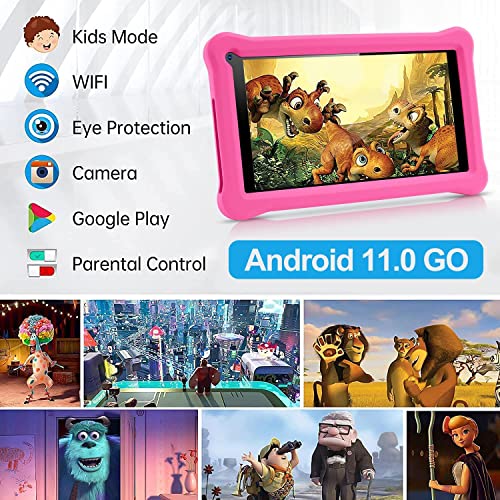 Tablet 7 inch Android 11 for Kids(Ages 3-12), 3GB RAM 32GB ROM 128GB Expand,Google Certificated, Software Pre-Installed, Bluetooth, WiFi, Dual Camera,with Shockproof Case-Pink…