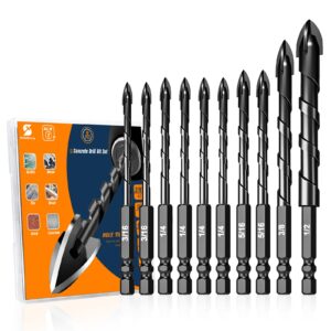 concrete drill bit set 10pcs (3/16”-1/2”), professional masonry drill bits tungsten carbide tip work for glass, metal, brick, tile, concrete, plastic and wood (10pcs-concrete drill bit set)