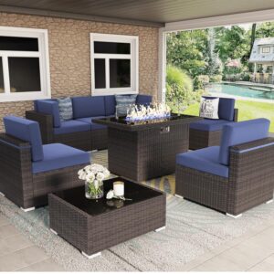 Vakollia 8 Pieces Patio Furniture Set with 44" Propane Gas Fire Pit Table, Outdoor Sectional Brown Rattan Wicker Conversation Sofa Sets with Coffee Table