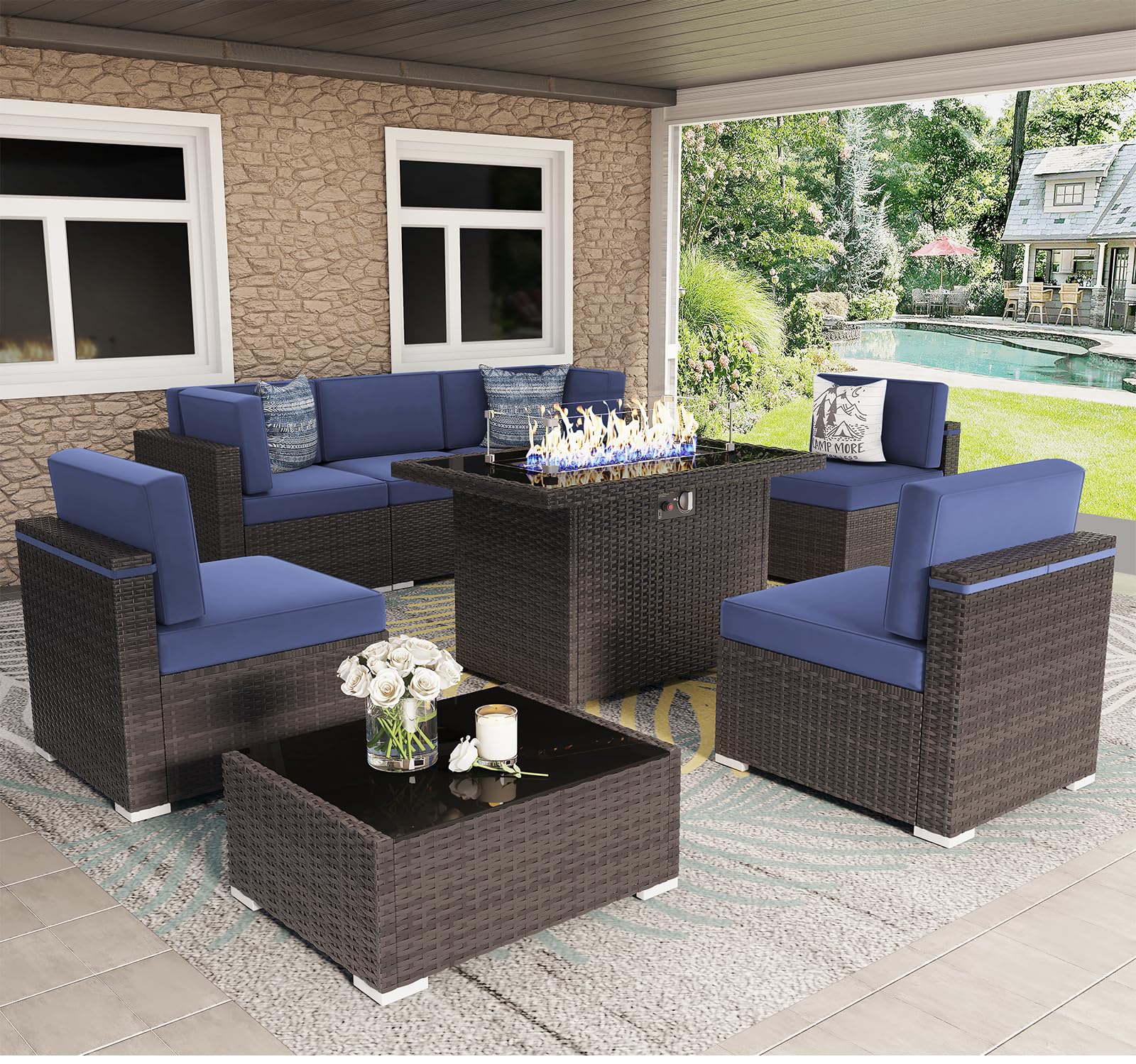 Vakollia 8 Pieces Patio Furniture Set with 44" Propane Gas Fire Pit Table, Outdoor Sectional Brown Rattan Wicker Conversation Sofa Sets with Coffee Table