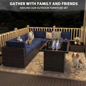 Vakollia 8 Pieces Patio Furniture Set with 44" Propane Gas Fire Pit Table, Outdoor Sectional Brown Rattan Wicker Conversation Sofa Sets with Coffee Table