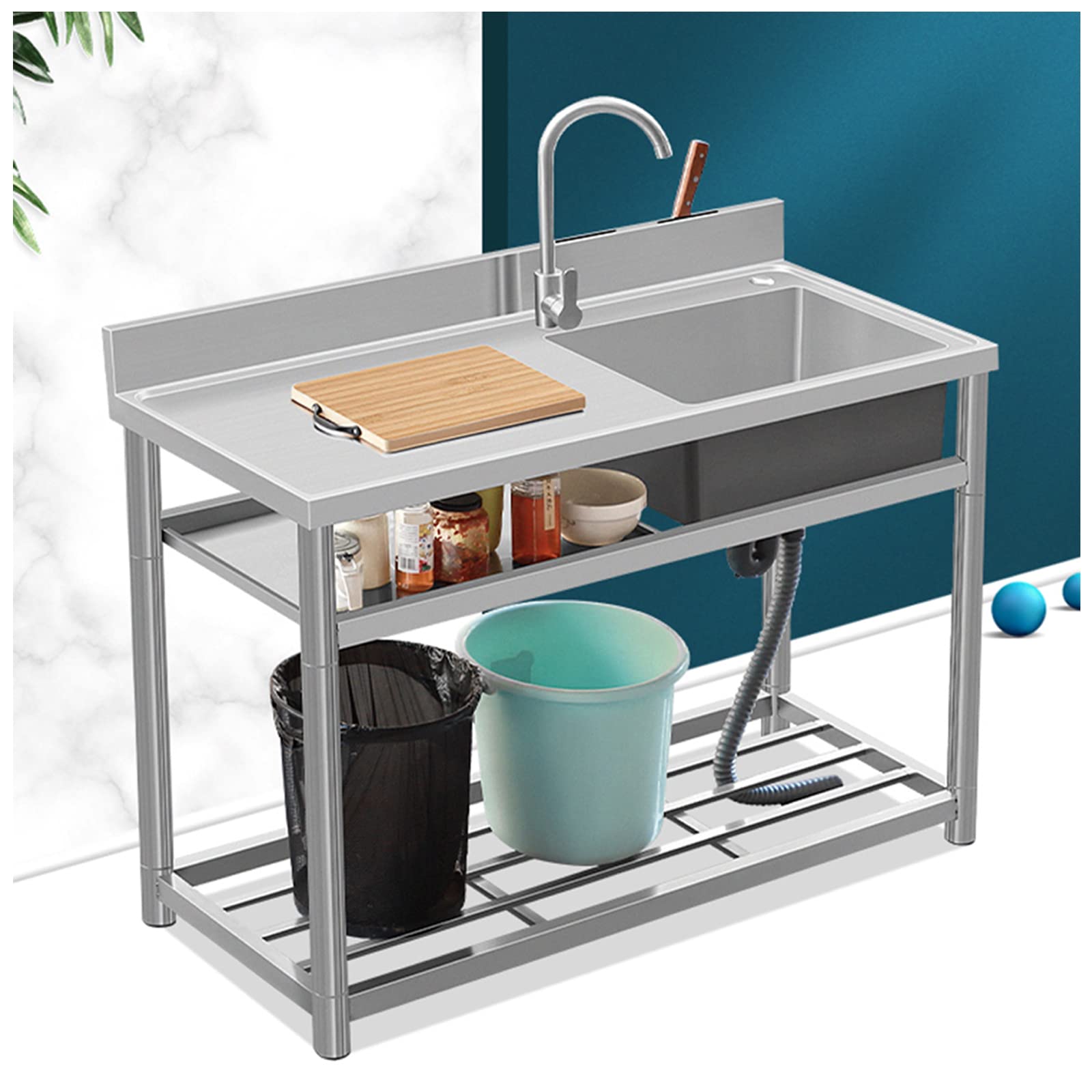 Commercial Restaurant Sink Utility Sink Stainless Steel Free-standing Kitchen Sink Set Single Bowl w/ Faucet & Drainboard for Laundry Garage Camping 80x50x80cm/31.5x19.7x31.5in Right