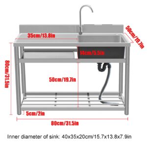 Commercial Restaurant Sink Utility Sink Stainless Steel Free-standing Kitchen Sink Set Single Bowl w/ Faucet & Drainboard for Laundry Garage Camping 80x50x80cm/31.5x19.7x31.5in Right