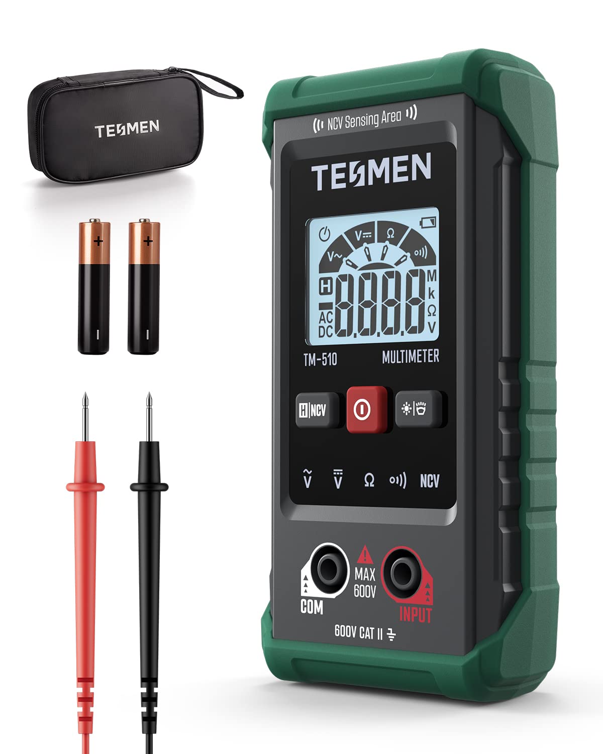 TESMEN TM-510 Digital Multimeter, 4000 Counts, Smart Measurement, Auto-Ranging Voltmeter; Voltage Tester with Non-Contact Voltage Function, Measures AC/DC Voltage, Resistance, Continuity – Green