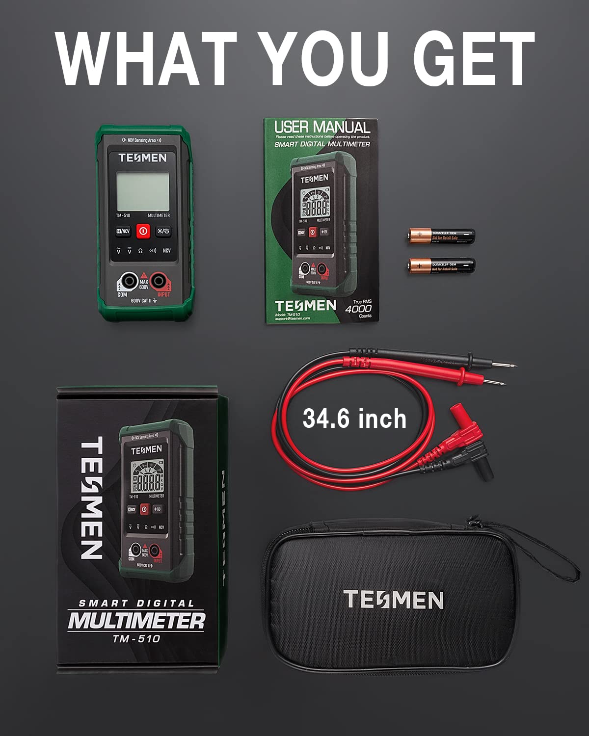 TESMEN TM-510 Digital Multimeter, 4000 Counts, Smart Measurement, Auto-Ranging Voltmeter; Voltage Tester with Non-Contact Voltage Function, Measures AC/DC Voltage, Resistance, Continuity – Green