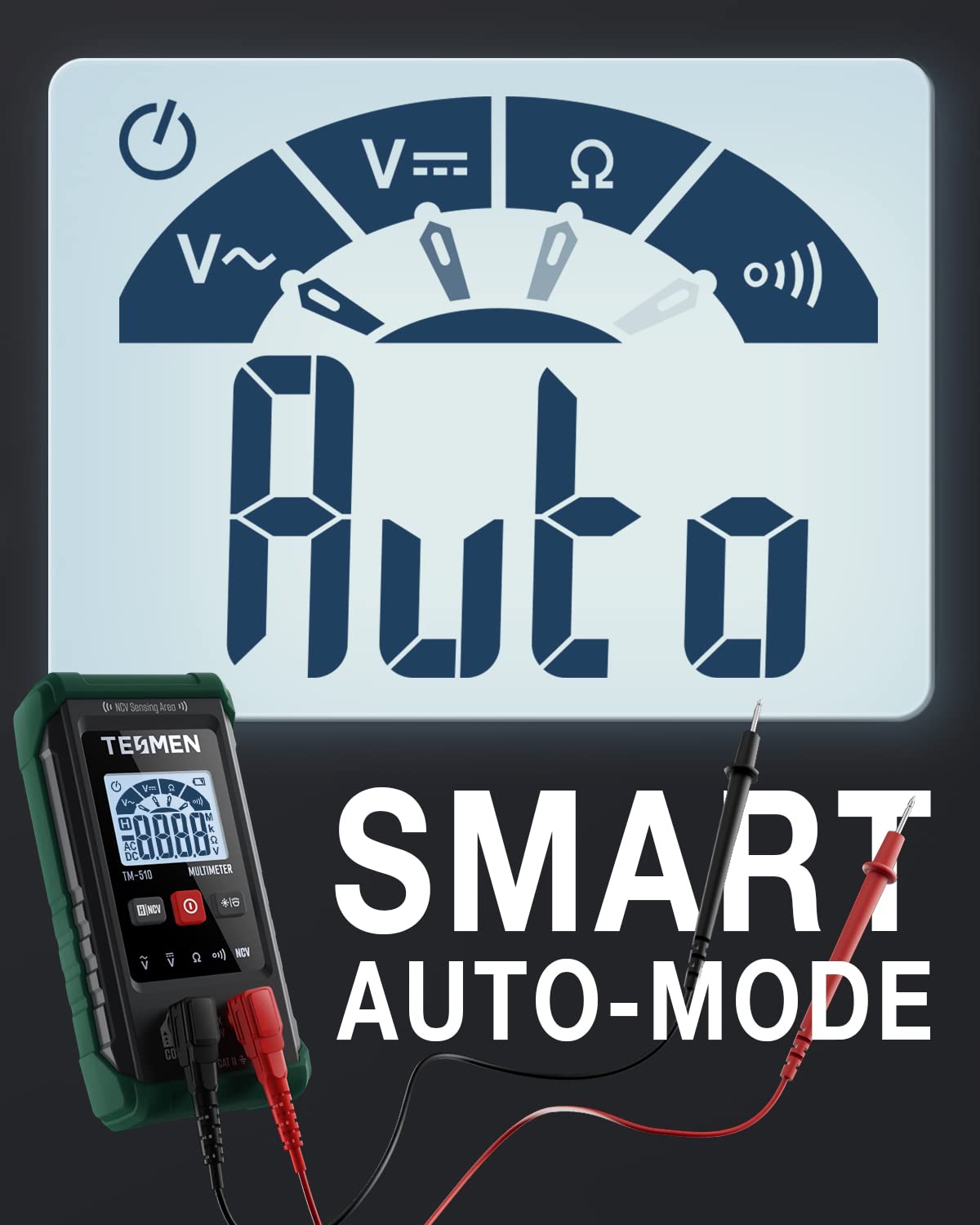 TESMEN TM-510 Digital Multimeter, 4000 Counts, Smart Measurement, Auto-Ranging Voltmeter; Voltage Tester with Non-Contact Voltage Function, Measures AC/DC Voltage, Resistance, Continuity – Green