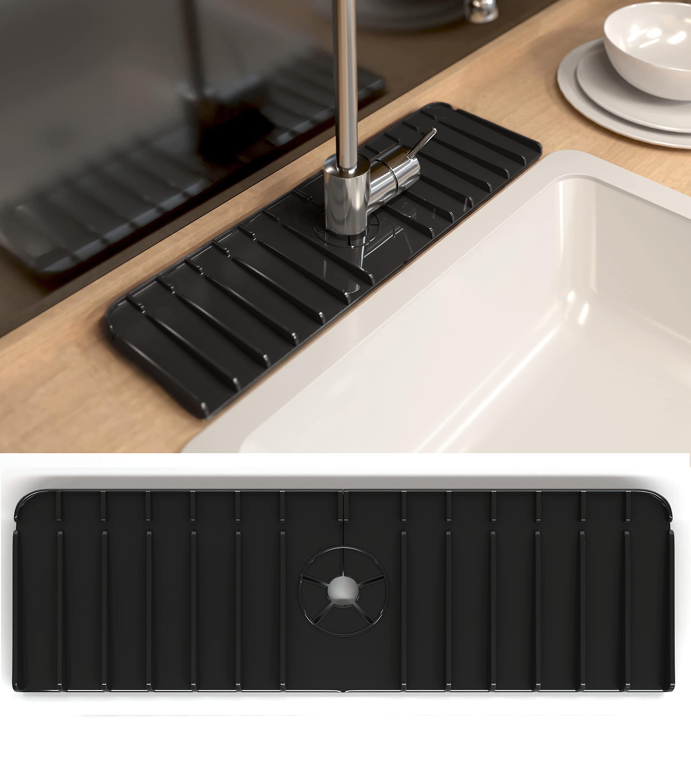 BLISSY LIFE Kitchen Sink Splash Guard - Silicone Mat Behind Faucet, Handle Drip Water Catcher Tray, Counter Backsplash Protector for Bathroom Kitchen RVs Farmhouse - 14 Inches (Black)