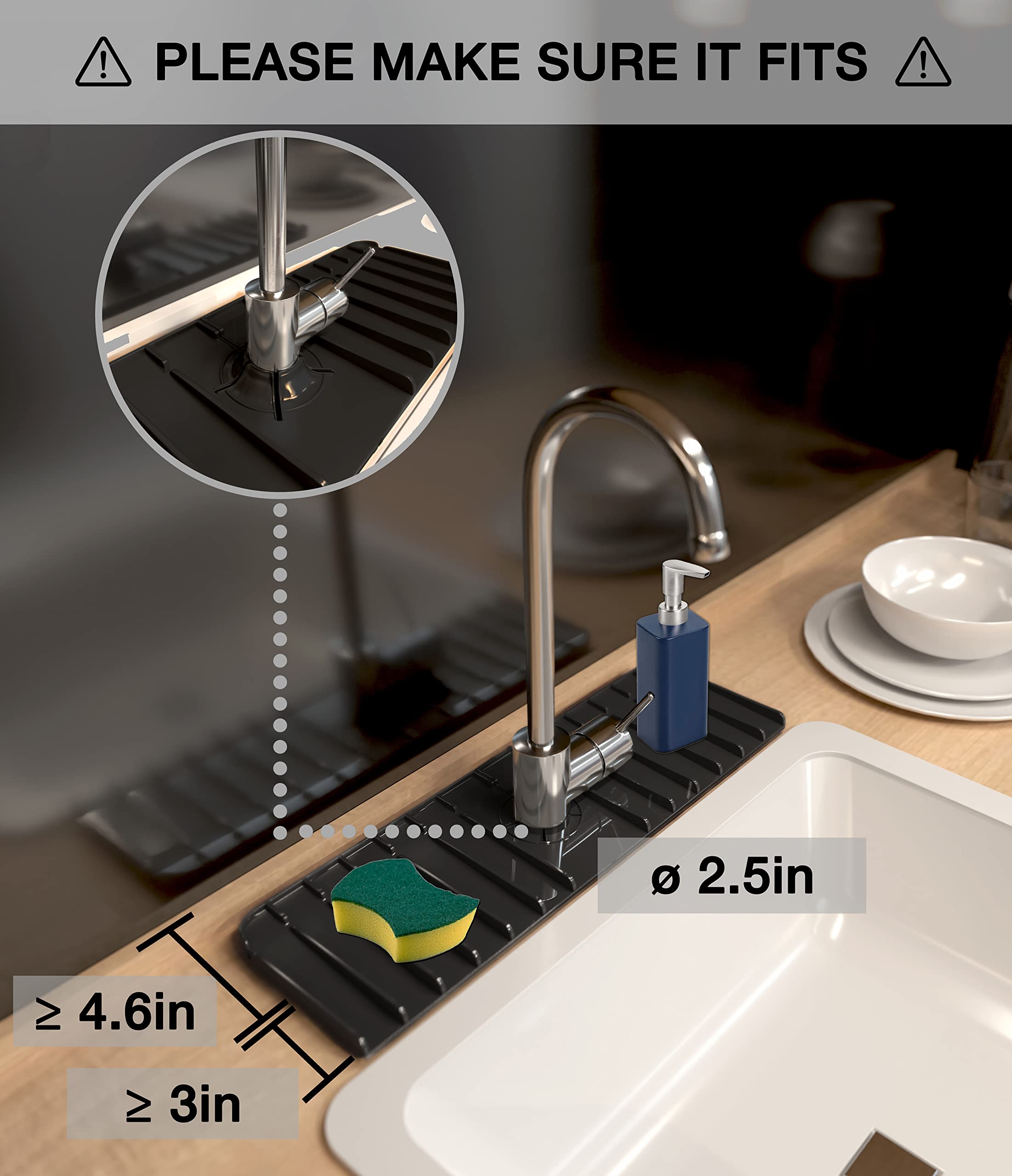 BLISSY LIFE Kitchen Sink Splash Guard - Silicone Mat Behind Faucet, Handle Drip Water Catcher Tray, Counter Backsplash Protector for Bathroom Kitchen RVs Farmhouse - 14 Inches (Black)