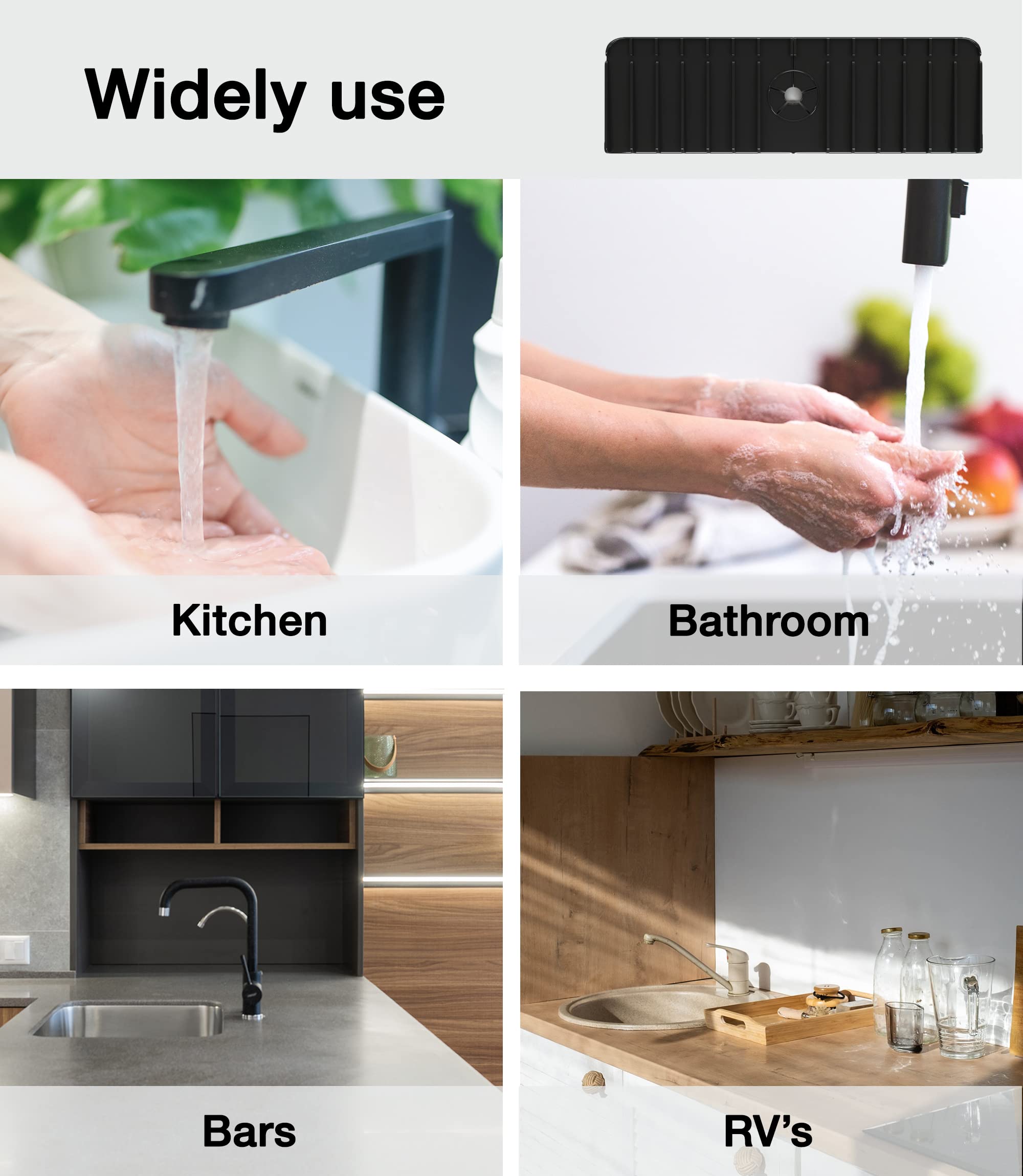 BLISSY LIFE Kitchen Sink Splash Guard - Silicone Mat Behind Faucet, Handle Drip Water Catcher Tray, Counter Backsplash Protector for Bathroom Kitchen RVs Farmhouse - 14 Inches (Black)