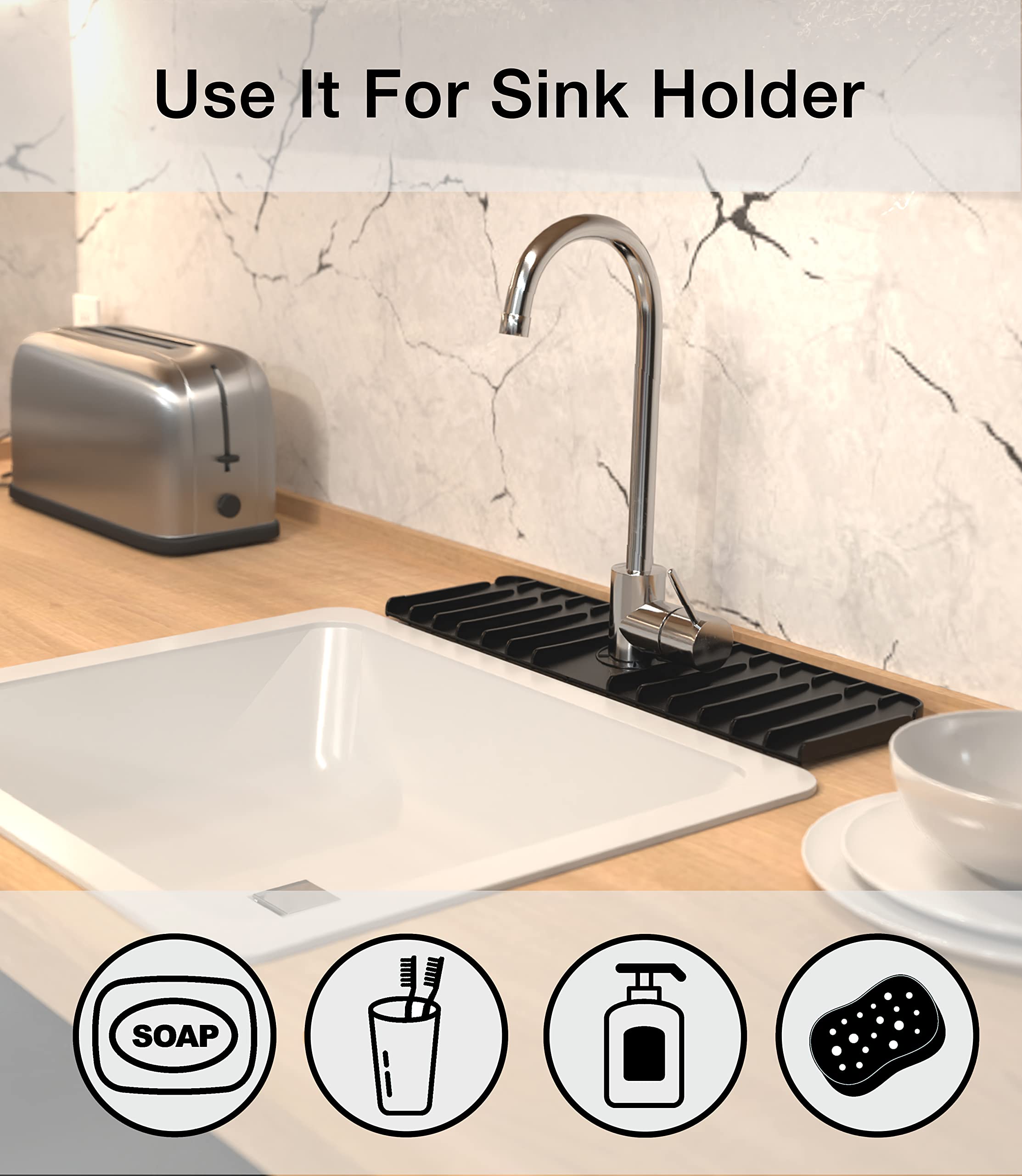 BLISSY LIFE Kitchen Sink Splash Guard - Silicone Mat Behind Faucet, Handle Drip Water Catcher Tray, Counter Backsplash Protector for Bathroom Kitchen RVs Farmhouse - 14 Inches (Black)