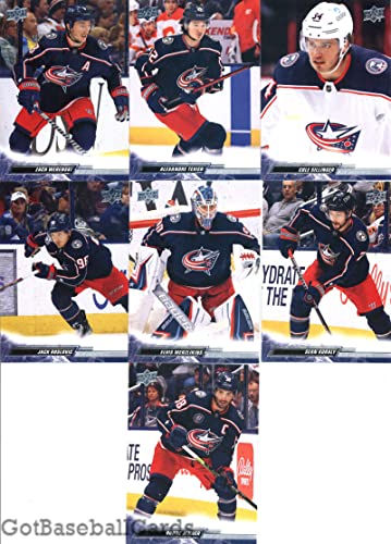 2022-23 Upper Deck Series 1 Hockey Columbus Blue Jackets Team Set of 7 Cards: Boone Jenner(#51), Sean Kuraly(#52), Elvis Merzlikins(#53), Jack Roslovic(#54), Cole Sillinger(#55), Alexandre Texier(#56), Zach Werenski(#57) - GotBaseballCards