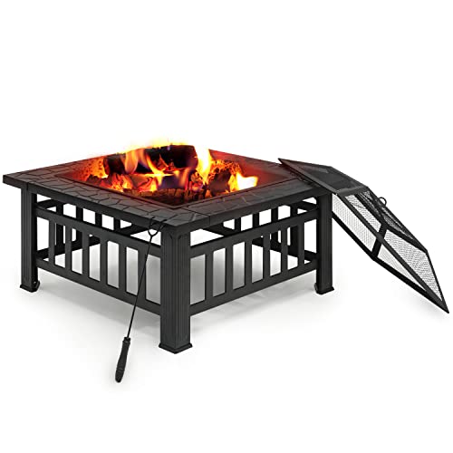 MoNiBloom 32" Outdoor Fire Pit Table Wood Burning Fireplace Backyard Patio Firepit Desk with Grill Spark Screen Cover for Outside Beach Camping Picnic, Black