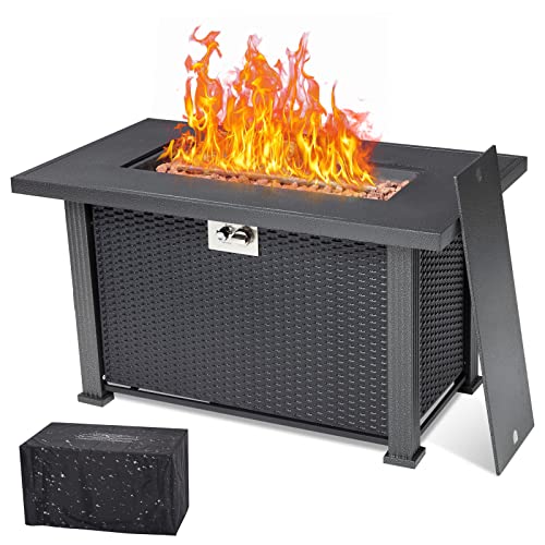 44 Inch Propane Fire Pit Table, PioneerWorks 50000BTU Rectangle Fire Table with Cover & Rain Cover, Sturdy Steel and Iron Fence Surface, CSA Safety Certified, Companion for Your Garden, Black