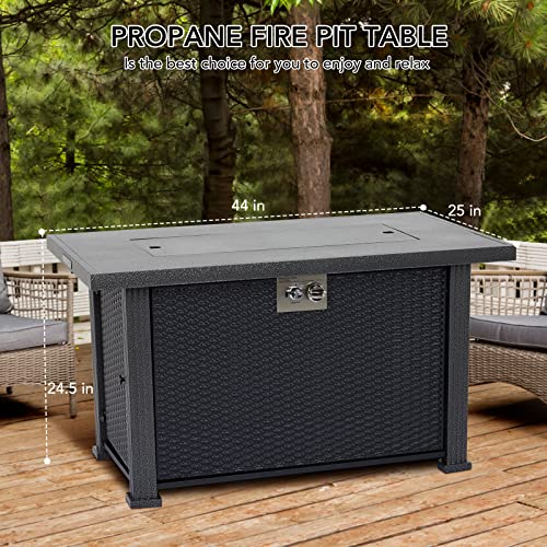 44 Inch Propane Fire Pit Table, PioneerWorks 50000BTU Rectangle Fire Table with Cover & Rain Cover, Sturdy Steel and Iron Fence Surface, CSA Safety Certified, Companion for Your Garden, Black