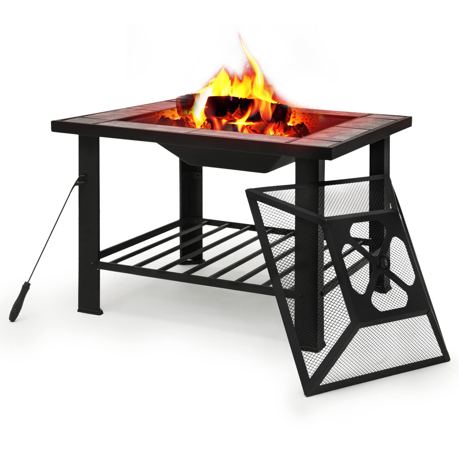 MoNiBloom 30" Protable Fire Pit Table Square Metal Firepit Patio Wood Burning Fireplace Garden Stove with Charcoal Rack Mesh Cover for Camping Bonfire Backyard BBQ, Black