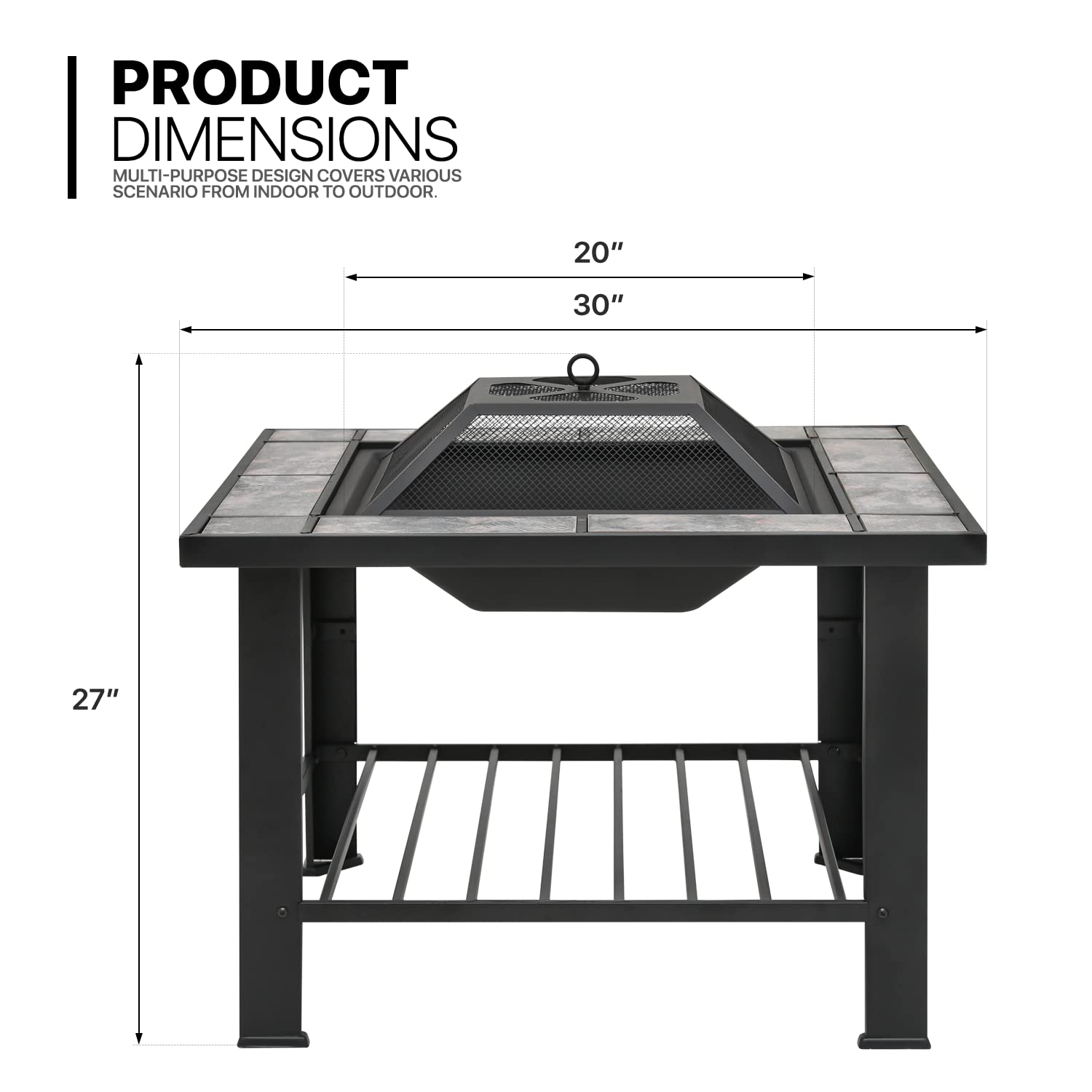 MoNiBloom 30" Protable Fire Pit Table Square Metal Firepit Patio Wood Burning Fireplace Garden Stove with Charcoal Rack Mesh Cover for Camping Bonfire Backyard BBQ, Black