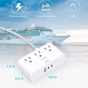 Flat Plug Power Strip, 6 Ft Ultra Thin Flat Extension Cord, 3 Outlets 3 USB Ports(2 USB C) Multi Plug Outlet Extender with No Surge Protector for Cruise Ship, Travel, Dorm Room Essentials