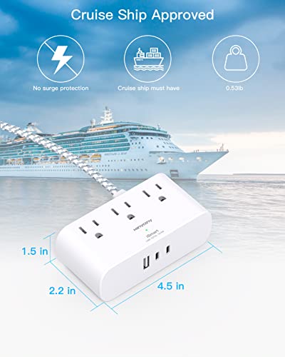 Flat Plug Power Strip, 6 Ft Ultra Thin Flat Extension Cord, 3 Outlets 3 USB Ports(2 USB C) Multi Plug Outlet Extender with No Surge Protector for Cruise Ship, Travel, Dorm Room Essentials