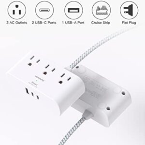 Flat Plug Power Strip, 6 Ft Ultra Thin Flat Extension Cord, 3 Outlets 3 USB Ports(2 USB C) Multi Plug Outlet Extender with No Surge Protector for Cruise Ship, Travel, Dorm Room Essentials