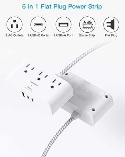 Flat Plug Power Strip, 6 Ft Ultra Thin Flat Extension Cord, 3 Outlets 3 USB Ports(2 USB C) Multi Plug Outlet Extender with No Surge Protector for Cruise Ship, Travel, Dorm Room Essentials