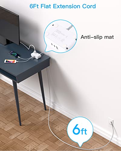 Flat Plug Power Strip, 6 Ft Ultra Thin Flat Extension Cord, 3 Outlets 3 USB Ports(2 USB C) Multi Plug Outlet Extender with No Surge Protector for Cruise Ship, Travel, Dorm Room Essentials