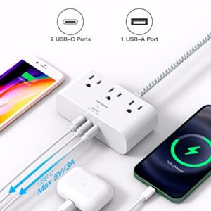 Flat Plug Power Strip, 6 Ft Ultra Thin Flat Extension Cord, 3 Outlets 3 USB Ports(2 USB C) Multi Plug Outlet Extender with No Surge Protector for Cruise Ship, Travel, Dorm Room Essentials