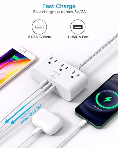 Flat Plug Power Strip, 6 Ft Ultra Thin Flat Extension Cord, 3 Outlets 3 USB Ports(2 USB C) Multi Plug Outlet Extender with No Surge Protector for Cruise Ship, Travel, Dorm Room Essentials