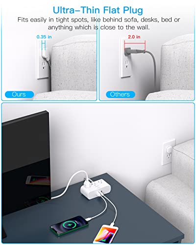 Flat Plug Power Strip, 6 Ft Ultra Thin Flat Extension Cord, 3 Outlets 3 USB Ports(2 USB C) Multi Plug Outlet Extender with No Surge Protector for Cruise Ship, Travel, Dorm Room Essentials