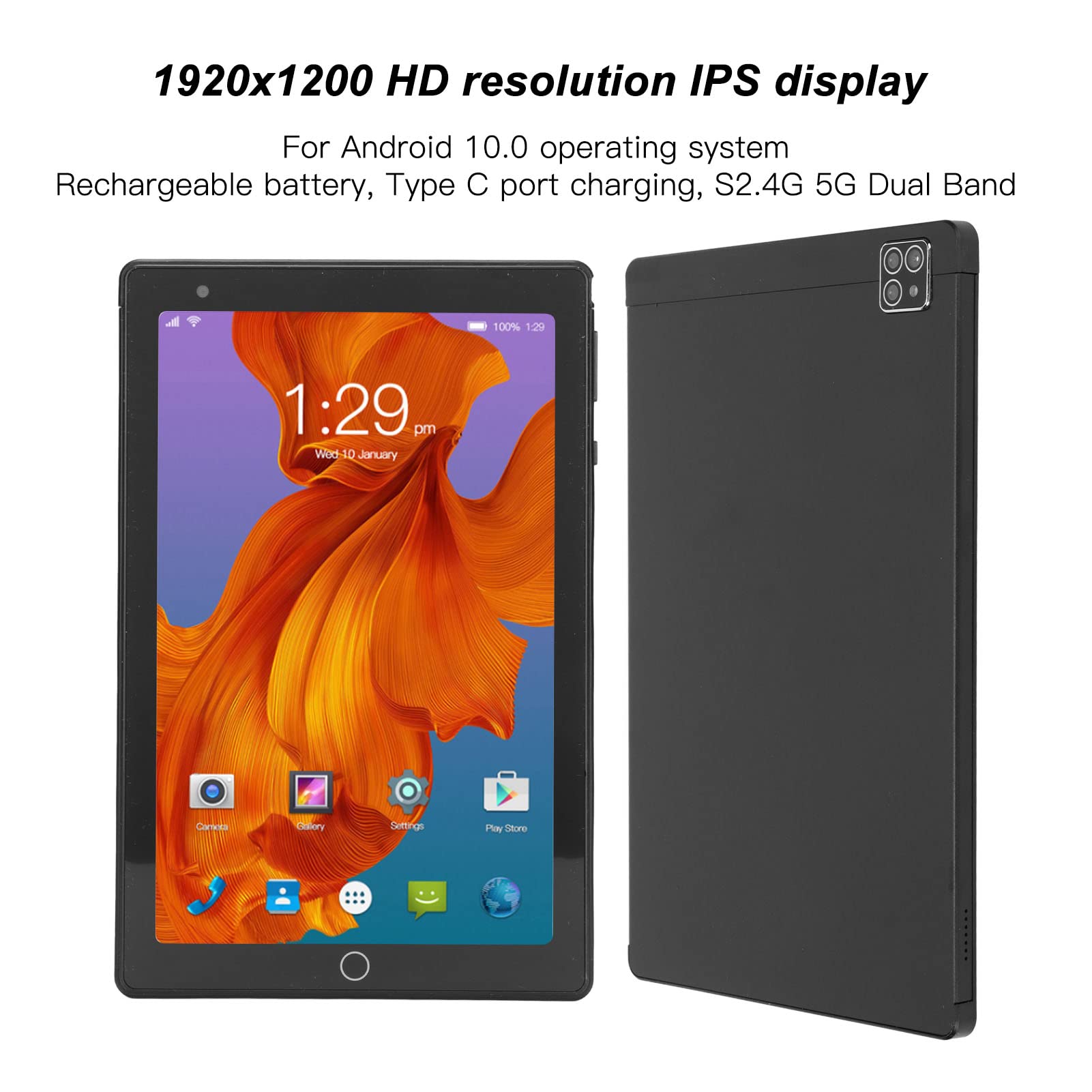 8 Inch Tablet PC, Dual Camera 1920x1200 IPS HD Tablet for 10,4GB RAM 64GB ROM, Maximum Expandable Up to 128GB(Black)