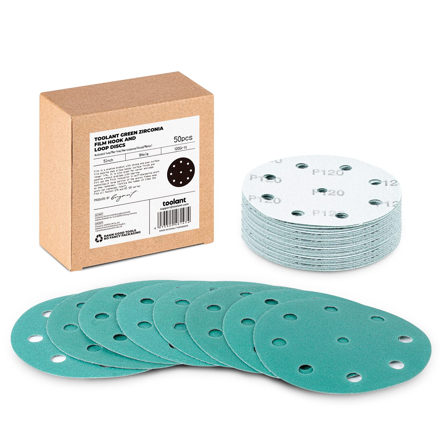 5 Inch 9 Hole 120 Grit Sanding Disc, Hook and Loop Film Backing Sanding Discs Compatible with Festool Sanders by toolant - 50 Pack