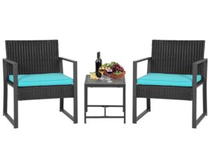 fdw 3 piece outdoor bistro set patio furniture sets wicker patio chairs rattan outdoor furniture for backyard porch poolside lawn,blue cushion