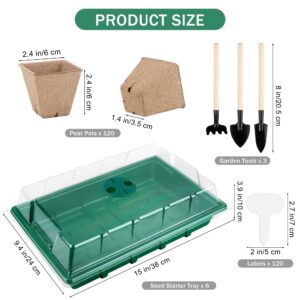 Hahood 6 Pack Seed Starter Tray Kit with 120 Square Peat Pots for Seedlings, Including Plants Labels, Planting Tools, Growing Trays Plastic Germination Tray Paper Starter Pods for Plant Seeds, Green