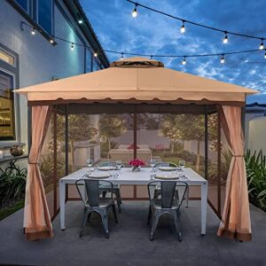 FAB BASED 10x13 Patio Gazebo with Mosquito Netting and Sand Bag - Aluminum Pole & Polyester Top, Fireproof Enclosure & Waterproof Screen Tent, Garden Pavilion for Patio, Backyard, Lawn (Khaki)