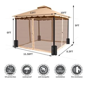 FAB BASED 10x13 Patio Gazebo with Mosquito Netting and Sand Bag - Aluminum Pole & Polyester Top, Fireproof Enclosure & Waterproof Screen Tent, Garden Pavilion for Patio, Backyard, Lawn (Khaki)