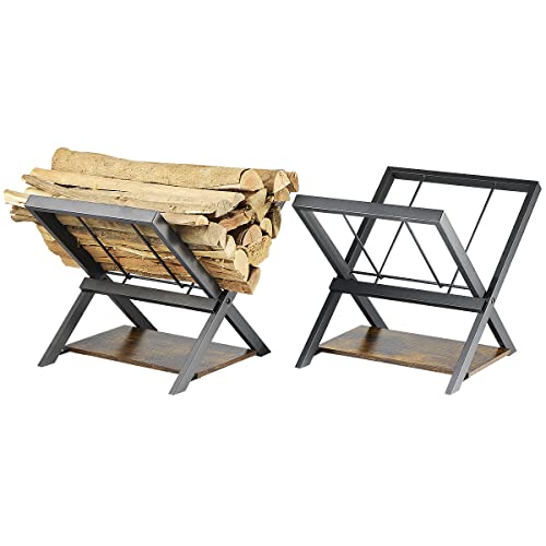 MAWEW Firewood Rack, Pack of 2, S304L Stainless Steel, Wood and Metal Structure, Rust-Resistant, Moisture-Proof, Easy to Clean, Space-Saving, Multi-Functional, Decorative, Foldable