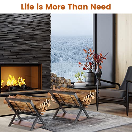 MAWEW Firewood Rack, Pack of 2, S304L Stainless Steel, Wood and Metal Structure, Rust-Resistant, Moisture-Proof, Easy to Clean, Space-Saving, Multi-Functional, Decorative, Foldable