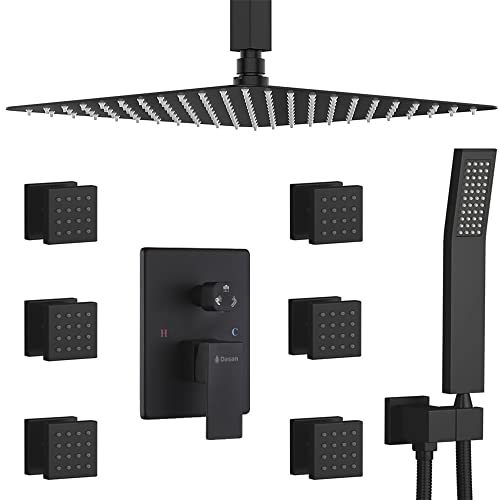 DASAN Full Body Shower System with 6 PCS Body Spray Jets & 12'' Rain Shower Head & Handheld, Ceiling Mount Rain Shower System Matte Black Shower Faucets Sets Complete with Valve, SA-SS03AMB-S12C