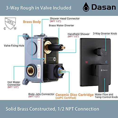 DASAN Full Body Shower System with 6 PCS Body Spray Jets & 12'' Rain Shower Head & Handheld, Ceiling Mount Rain Shower System Matte Black Shower Faucets Sets Complete with Valve, SA-SS03AMB-S12C