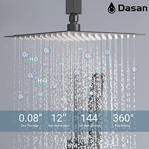 DASAN Full Body Shower System with 6 PCS Body Spray Jets & 12'' Rain Shower Head & Handheld, Ceiling Mount Rain Shower System Matte Black Shower Faucets Sets Complete with Valve, SA-SS03AMB-S12C