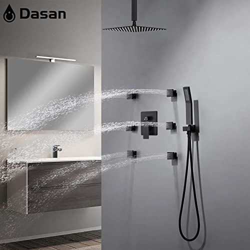 DASAN Full Body Shower System with 6 PCS Body Spray Jets & 12'' Rain Shower Head & Handheld, Ceiling Mount Rain Shower System Matte Black Shower Faucets Sets Complete with Valve, SA-SS03AMB-S12C