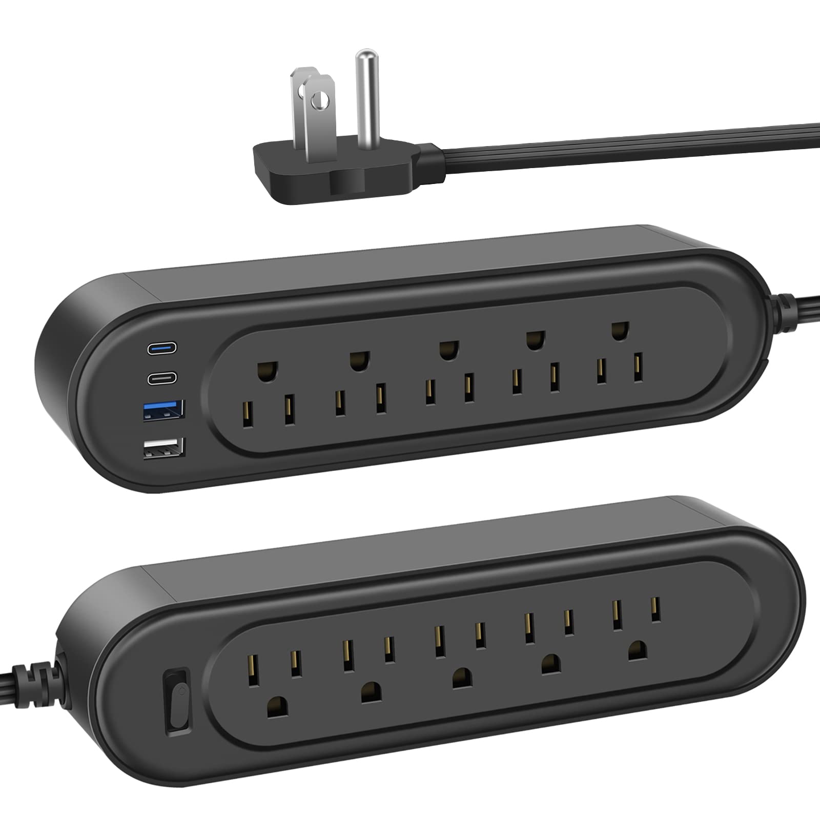 JUNNUJ 20W USB C Power Strip Thin Flat Plug 10 Outlets, Lay Flat Surge Protector 1200J, Wall Mount Power Strips with 18W USB A, Low Profile Outlet with Switch, Ultra Slim Flat Plug Extension Cord 6FT