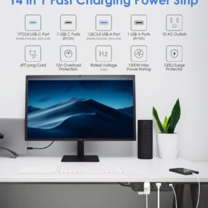 JUNNUJ 20W USB C Power Strip Thin Flat Plug 10 Outlets, Lay Flat Surge Protector 1200J, Wall Mount Power Strips with 18W USB A, Low Profile Outlet with Switch, Ultra Slim Flat Plug Extension Cord 6FT