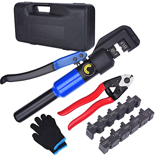 BOXY Hydraulic Hand Crimper Tool for Stainless Steel Cable Railing Fittings for 1/16" 1/8" 3/16" 1/4" Cable –Wire Swaging Tool 10 Ton and Stainless Steel Cable Cutter