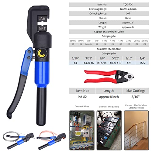 BOXY Hydraulic Hand Crimper Tool for Stainless Steel Cable Railing Fittings for 1/16" 1/8" 3/16" 1/4" Cable –Wire Swaging Tool 10 Ton and Stainless Steel Cable Cutter