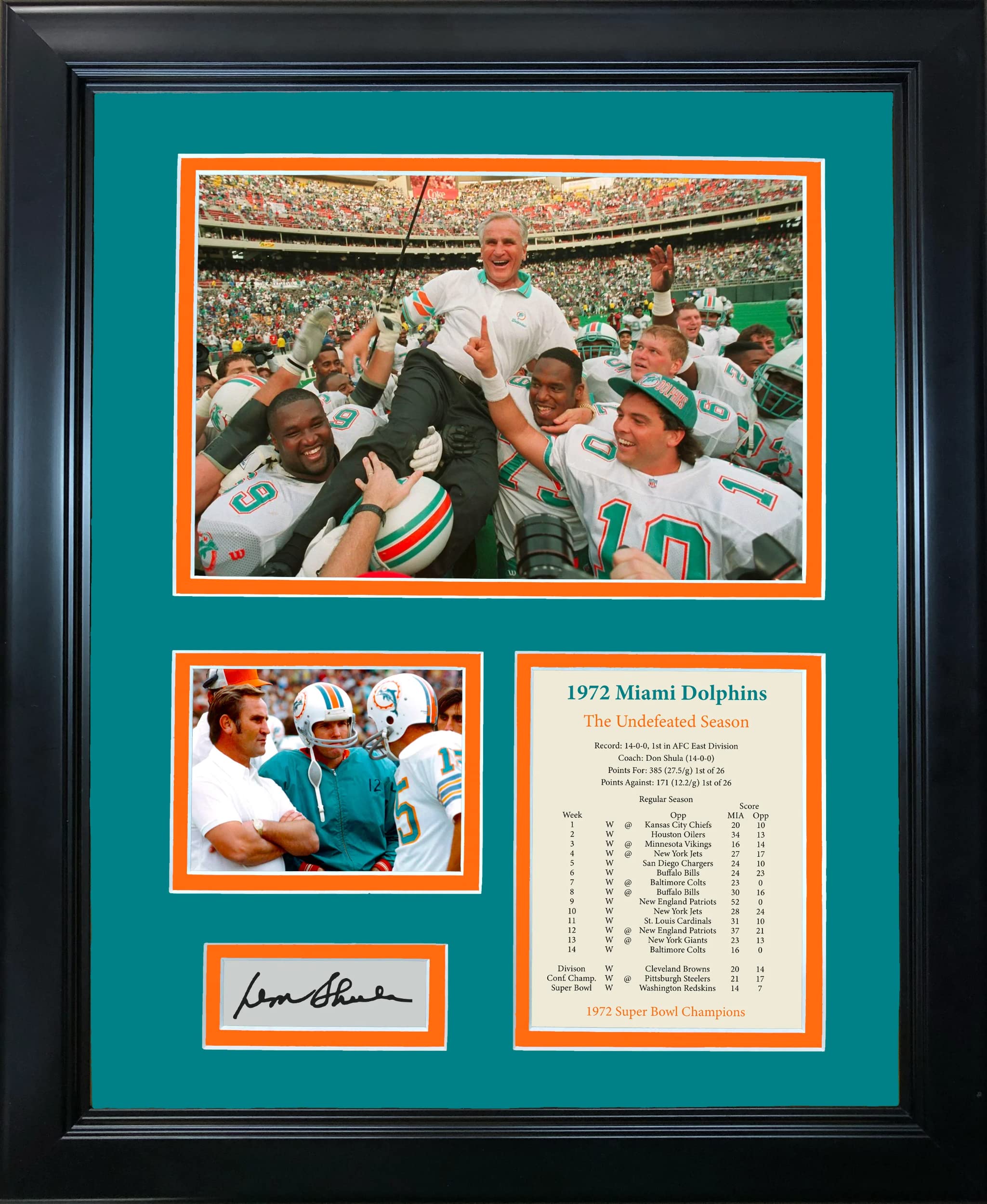 Framed Miami Dolphins 1972 Undefeated Season Facsimile Laser Engraved Don Shula Signature Auto 12"x15" Football Photo Collage