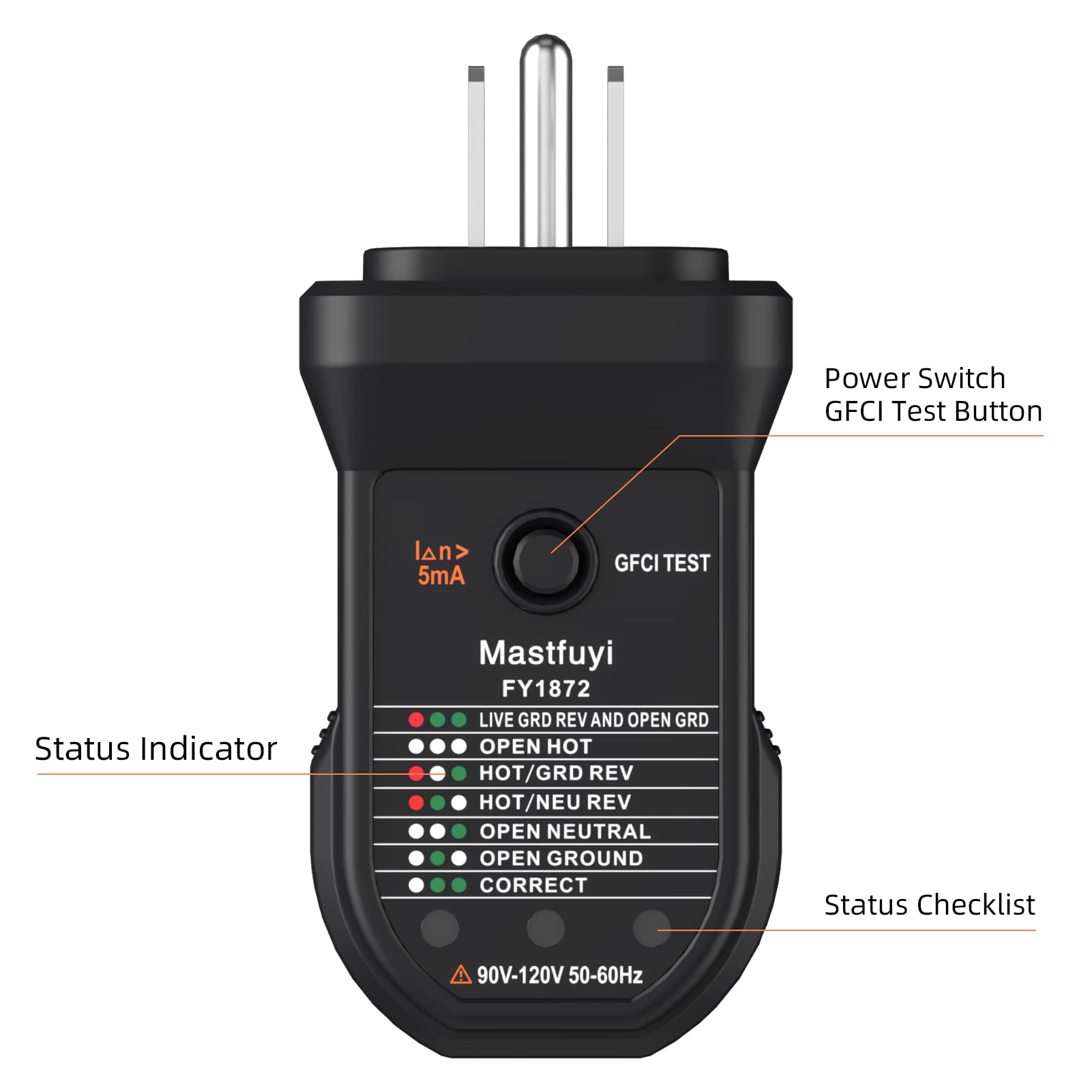 Mastfuyi Outlet Tester, Socket Tester for GFCI/Standard North American AC Electrical Outlets, Receptacle Tester for Standard 3-Wire 120V Electrical Receptacles, Detects Common Wiring Problems