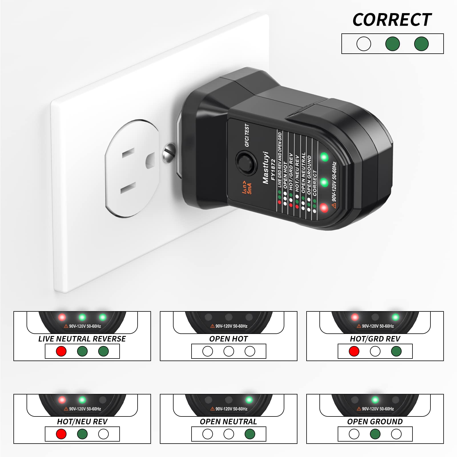 Mastfuyi Outlet Tester, Socket Tester for GFCI/Standard North American AC Electrical Outlets, Receptacle Tester for Standard 3-Wire 120V Electrical Receptacles, Detects Common Wiring Problems